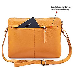 Wise Owl Accessories Small Soft Pebbled Real Leather Crossbody Handbags & Purses - Triple Zip Premium Sling Crossover Shoulder Bag for Women (Mustard Nappa)