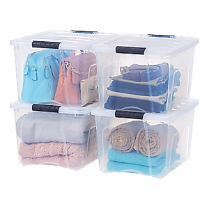 IRIS USA 40 Quart Stackable Plastic Storage Bins with Lids and Latching Buckles, 4 Pack - Clear, Containers with Lids and Latches, Durable Nestable Closet, Garage, Totes, Tubs Boxes Organizing