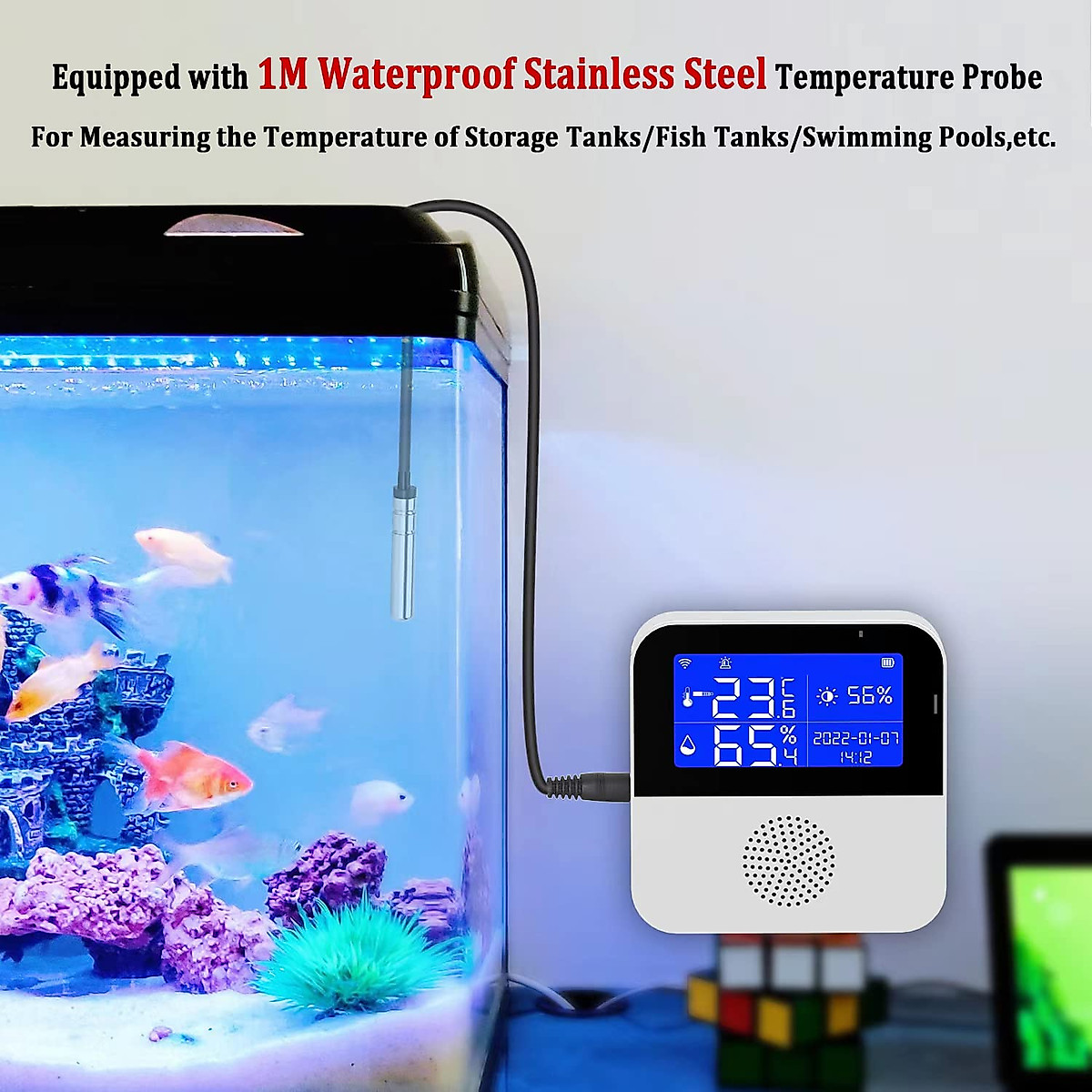 WiFi Temperature Humidity Monitor: Digital Thermometer Hygrometer with Brightness Sensor, Backlit Screen, Buzzer Alarm & App Alerts, Smart Temperature Humidity Sensor Compatible with Alexa