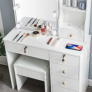 Abesthink Makeup Vanity Table with Drawers and Lights,Vanity Set Dressing Table with Charging Station and Shelves, Makeup Vanity Desk with Mirror and Cushioned Stool,White