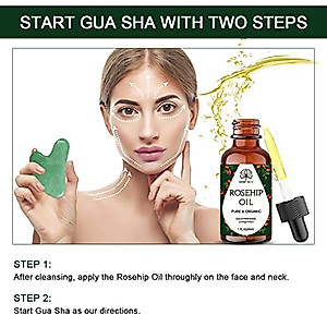 Gua Sha Massage Tools & Rosehip Oil in One Set, Nature Jade Stone Facial Gua sha Products for Skin Massage, Beauty and Moisturizing - with Nice Travel Pouch