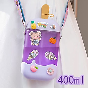 400ML/(13.5Oz) Cute Creative Ice Cream Popsicle Shape Water Bottle with Adjustable Shoulder Strap,4 Colors Available Leak Proof Drinking Bottles Suitable for Outdoor Like Travel,Sports (Purple)