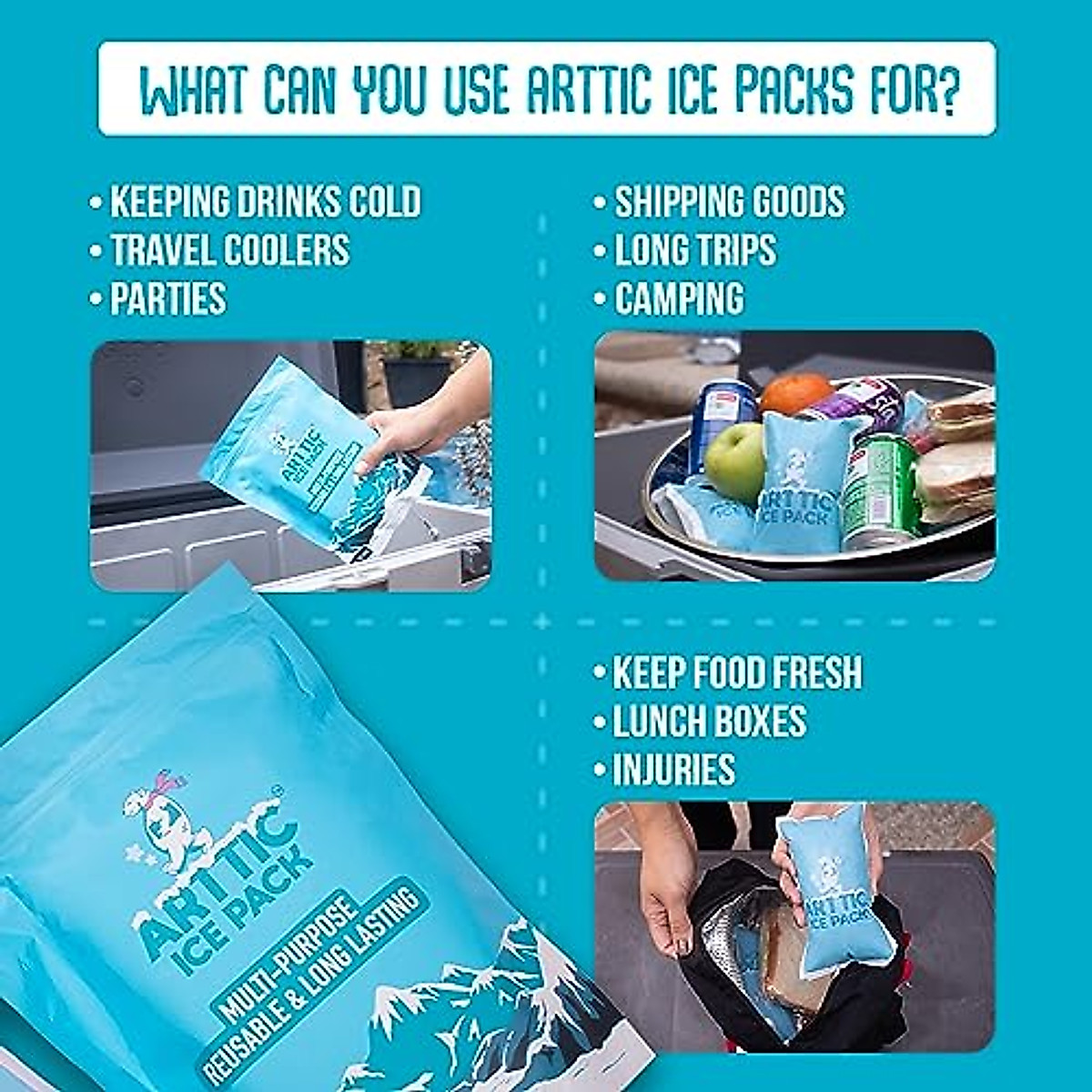 Arttic Gel Ice Packs – Dry Ice for Shipping Frozen Food, Injuries & Lunch Boxes – Multi-Purpose, Reusable & Long-Lasting Ice Bags – Cold Packs for Coolers & Keeping Food Fresh – Freezer bags (32 Pack)