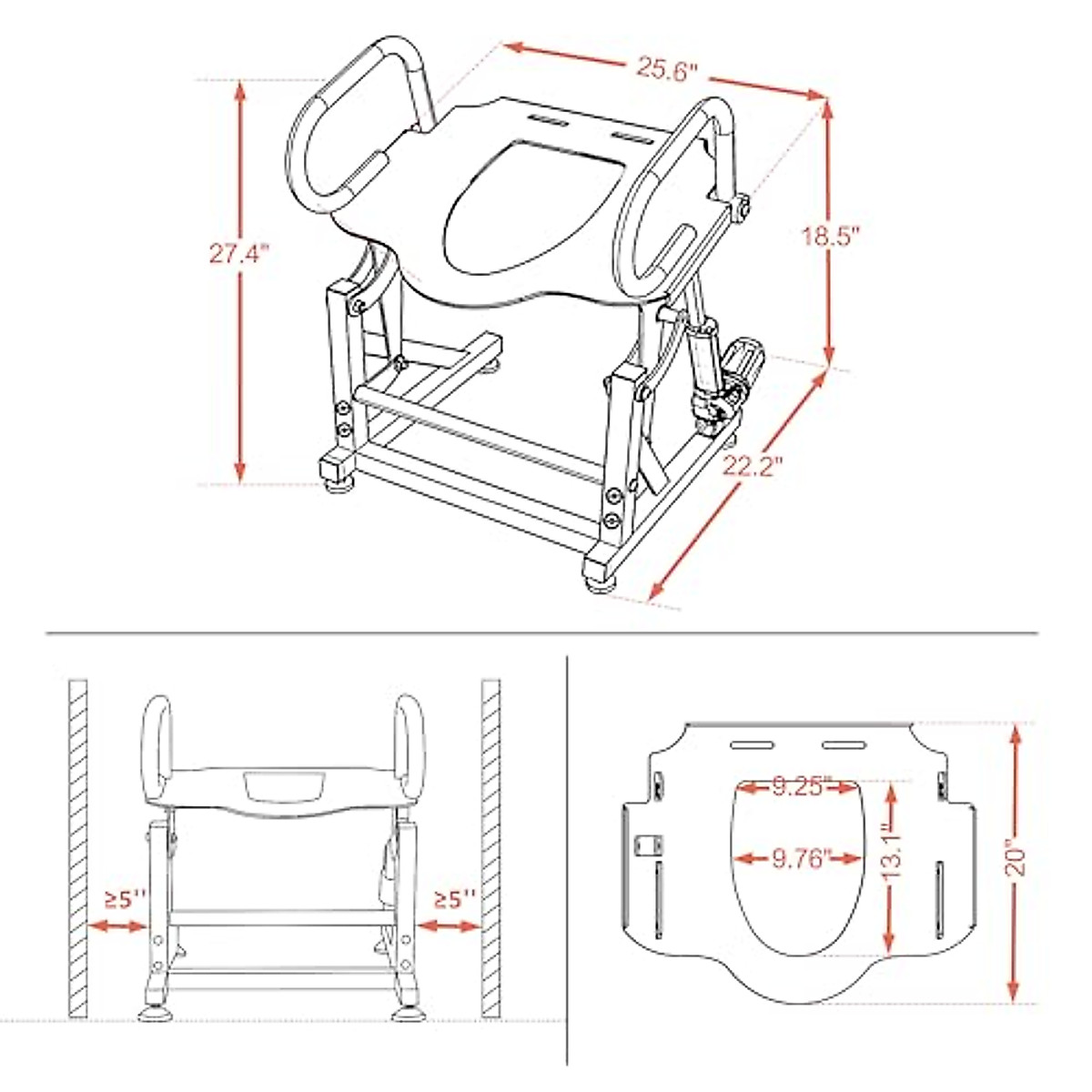 MCombo Electric Toilet Seat Lift with Padded Arms for Elderly and Disabled, Power Toilet Incline Lift in Bathroom, Support to 320lbs, SEC212W