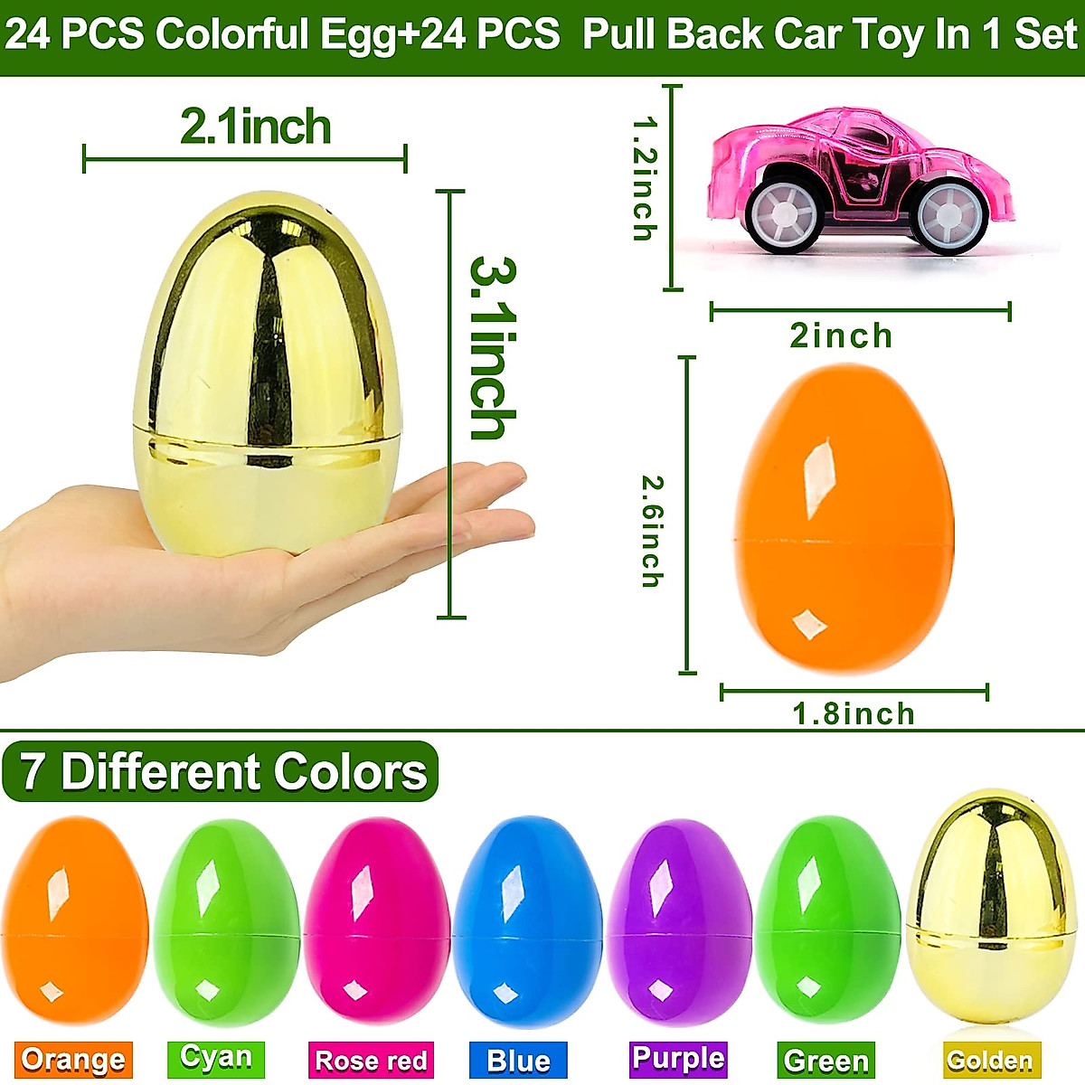 [ 1 Golden Egg ] 24 Pack Filled Easter Eggs with Pull Back Cars Toys Inside 24 Styles Vehicle Plastic Surprise Eggs for Kids Toddlers Easter Basket Stuffers Fillers Easter Eggs Hunt Party Favor Gift