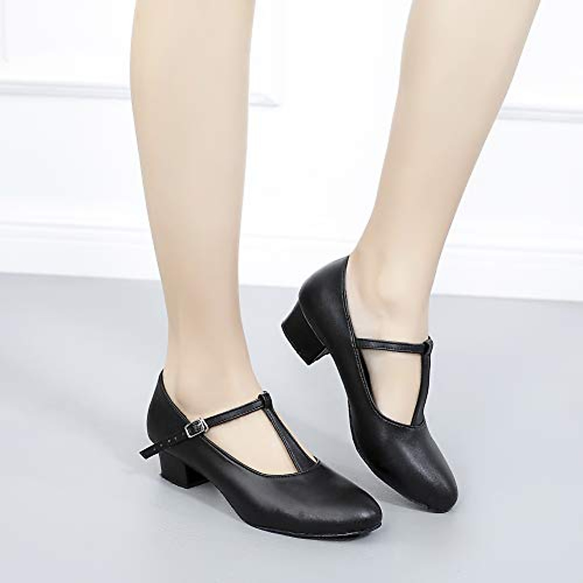 HROYL Women Ballroom Dance Shoes Closed Toe Latin Salsa T-Strap Modern Tango Walts Character Shoes Suede Sole YCL041-4 Black, 9.5 B(M) US