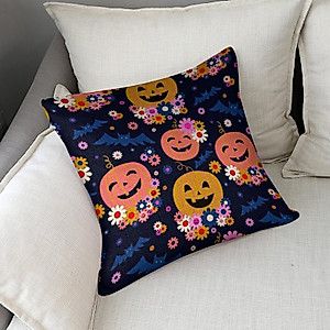 Halloween Pumpkins Flowers Pillow Covers 18x18 Colorful Autumn Pillowcase Set of 2 Linen Throw Pillow Covers Decorative Square Pillow Cases Standard Size for Home Couch Sofa Bed Pillow Protector