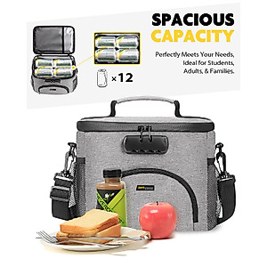 SafeDelux Insulated Lunch Bag with Combination Lock, Durable Lunch Bag Leakproof Cooler Bags Large Insulated Lockable Lunch Bag with Adjustable Shoulder Strap for Men Women (Grey)