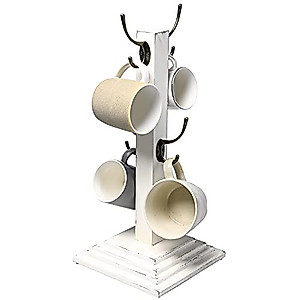 MyGift Vintage White Wood Tabletop Coffee Mug Holder Hanging Tree Rack with 4 Antique Brass Tone Double Hooks