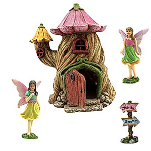 PRETMANNS Fairy Garden House Kit - Fairy Garden Accessories Outdoor - Fairy House & Fairies for Fairy Garden – Fairy Garden Supplies - Fairy Garden Kit for Adults - Garden Fairy House - 4 Items