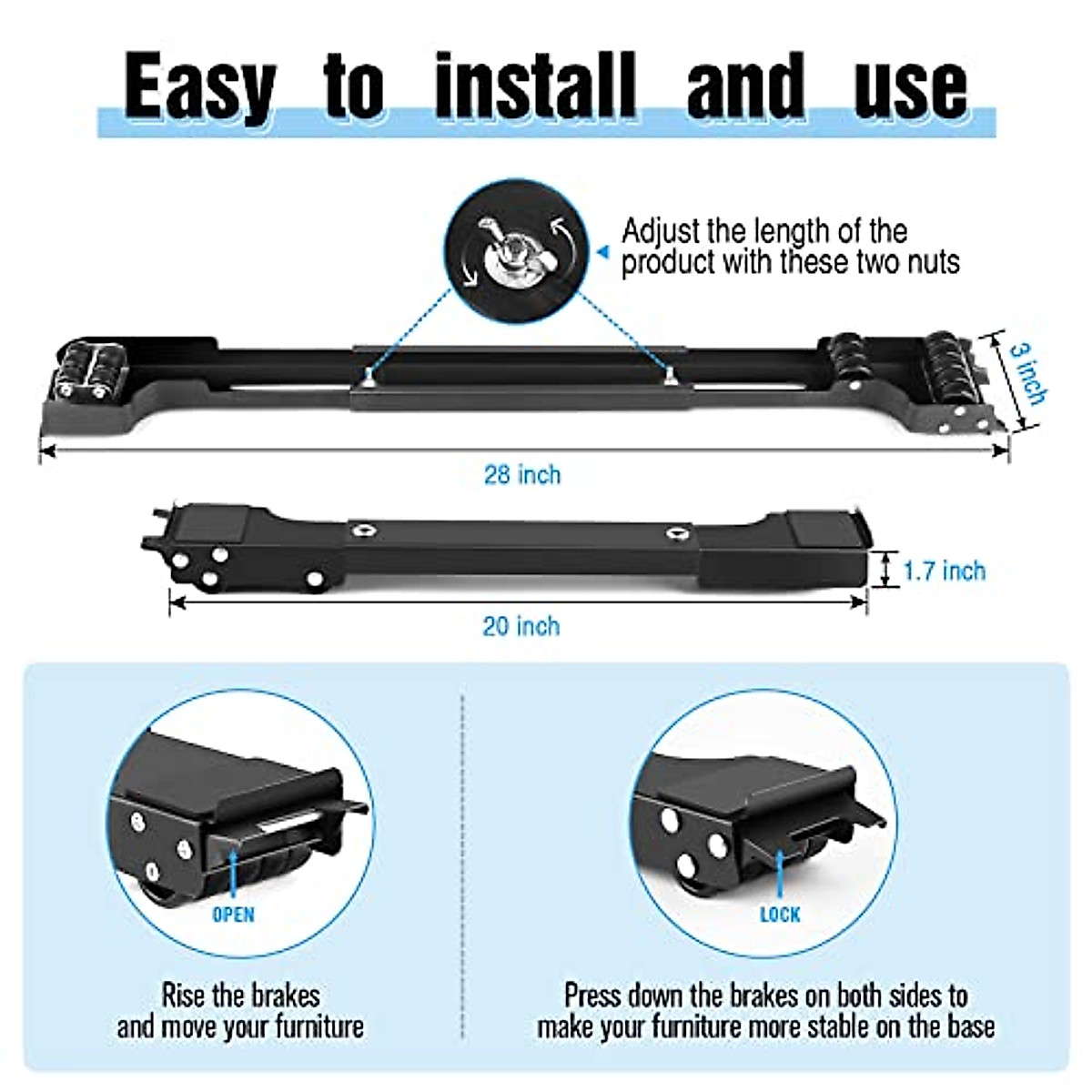 TheElves Extendible Appliance Rollers, Adjustable Appliance Slider, Heavy Duty Appliance Rollers with Wheels for Washing Machine, Washer and Dryer, Drawers,refrigerators, Support 660 LB-Black