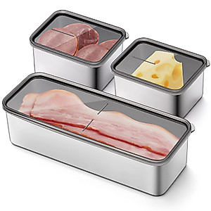 Hushee 3 Pcs Deepen Bacon Cheese Container Large Capacity for Refrigerator 304 Stainless Steel Storage Container with Lids Deli Meat Container Dishwasher Safe Fridge Organizer for Fruit Lunch Storage