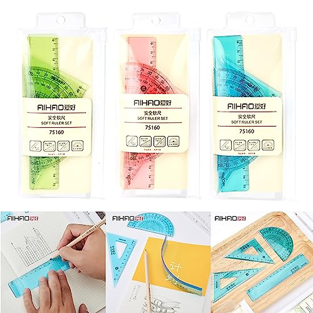 Geometry Plastic Ruler Set Clear Straight Ruler Triangle Ruler Protractor Ruler Tool Set School Office Supply Math Ruler Ruler Measuring Tool