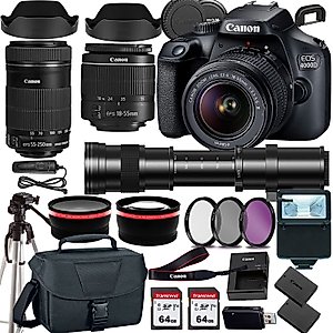 Canon EOS 4000D/Rebel T100 DSLR Camera w/Canon EF-S 18-55mm F/3.5-5.6 Zoom Lens+Canon EF-S 55-250mm f/4-5.6 is STM+420-800mm HD Telephoto Zoom Lens+case+128Memory Cards (24PC)