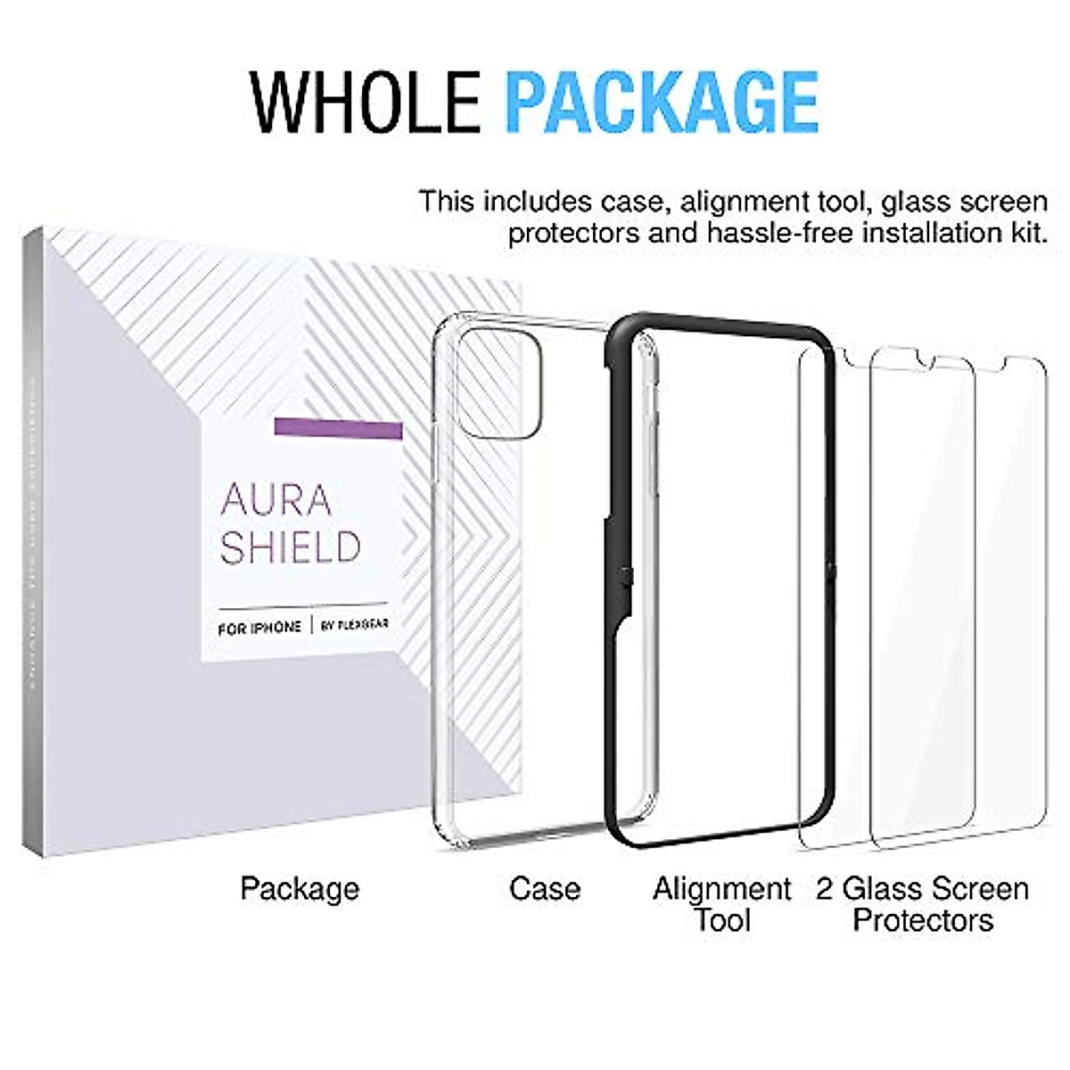 FlexGear Case for iPhone 11 with 2X Glass Screen Protectors [Full Protection] - Crystal Clear