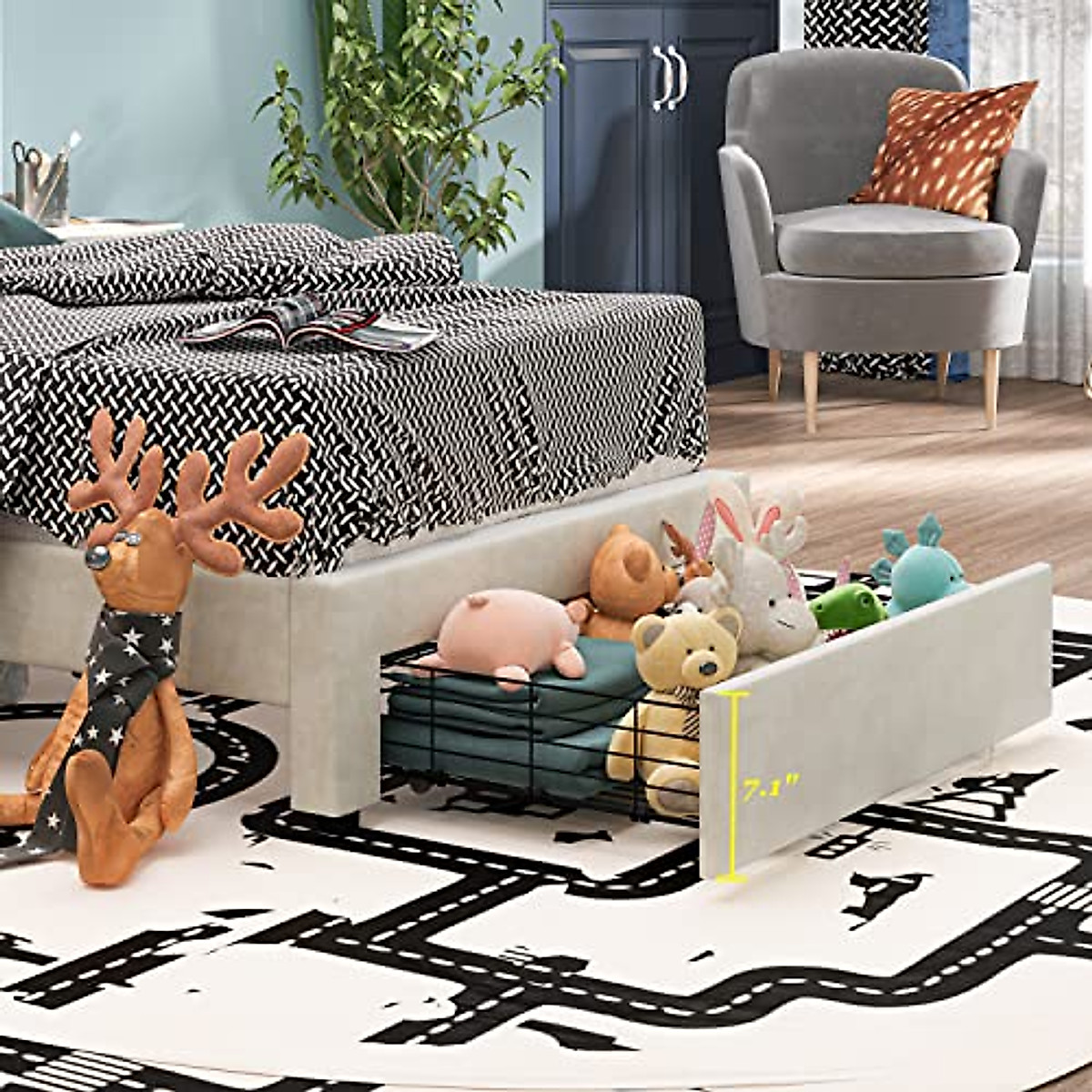 LIKIMIO Twin Bed Frame with XL Under-Bed Drawer, Velvet Upholstered Platform Bed Frame with Headboard, No Box Spring Needed/Noise-Free, Beige