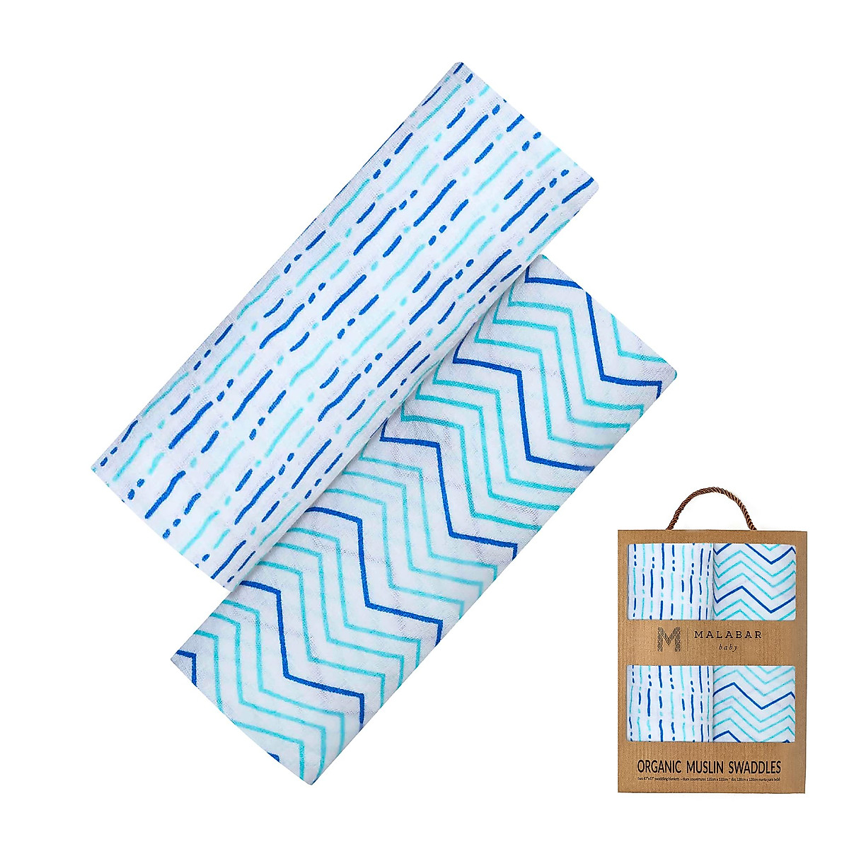 Malabar Baby Organic Swaddle Blanket Set, Luxurious Cotton Muslin Blankets for Girls Boys, Baby Receiving Swaddles for Newborns Infants, 2 Pack Shades of Blue