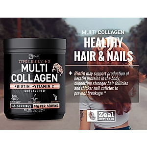 Premium Multi Collagen Peptides Protein Powder (1, 2, 3, 5 & 10) with Vitamin C, Biotin, Hyaluronic Acid, for Hair Skin and Nails - Marine, Bovine, Chicken & Eggshell (Unflavored, 45 Servings)