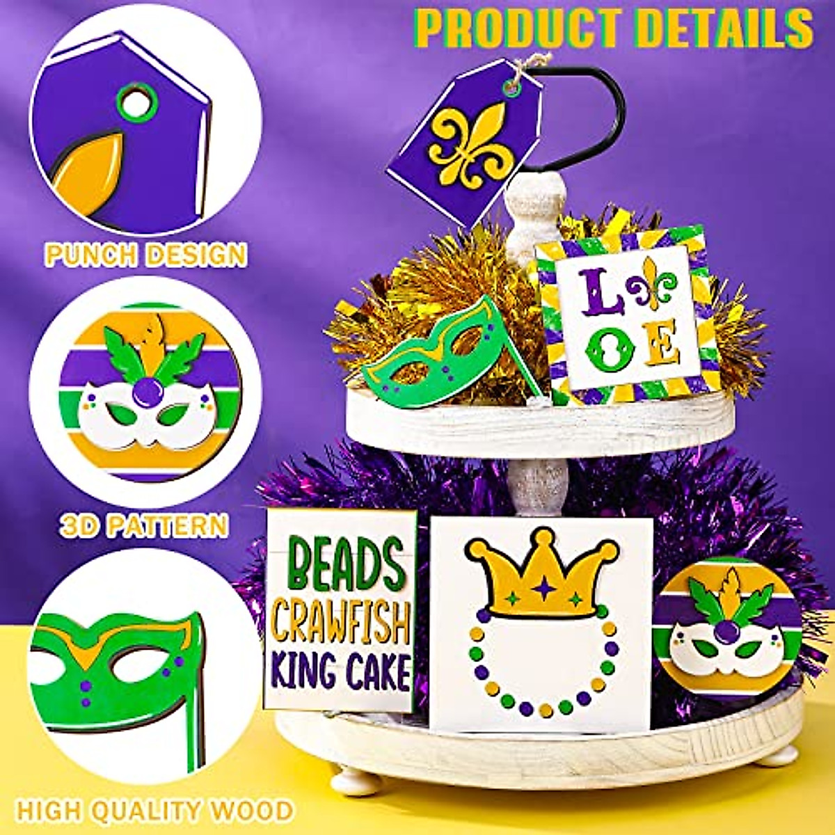 6 Pieces Wood Mardi Gras Decorations Mardi Gras Tiered Tray Decor Mardi Gras Home Decor Mardi Gras Home Decor Table Wooden Sign Carnival Table Sign for Masquerade Party Holiday Kitchen Centerpiece
