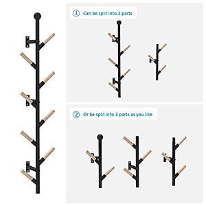X-cosrack Wall Mounted Coat Rack Splicable Metal & Wood Hat Hanger Rack with 8 Hooks, 3-in-1 Tree Hanger Organizer for Coat Bag Scarves Clothes for Entryway Hallway Bedroom