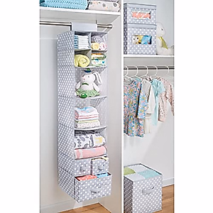 mDesign Soft Fabric Over Closet Rod Hanging Storage Organizer with 7 Shelves and 3 Removable Drawers for Child/Kids Room or Nursery - Polka Dot Pattern - Light Gray with White Dots