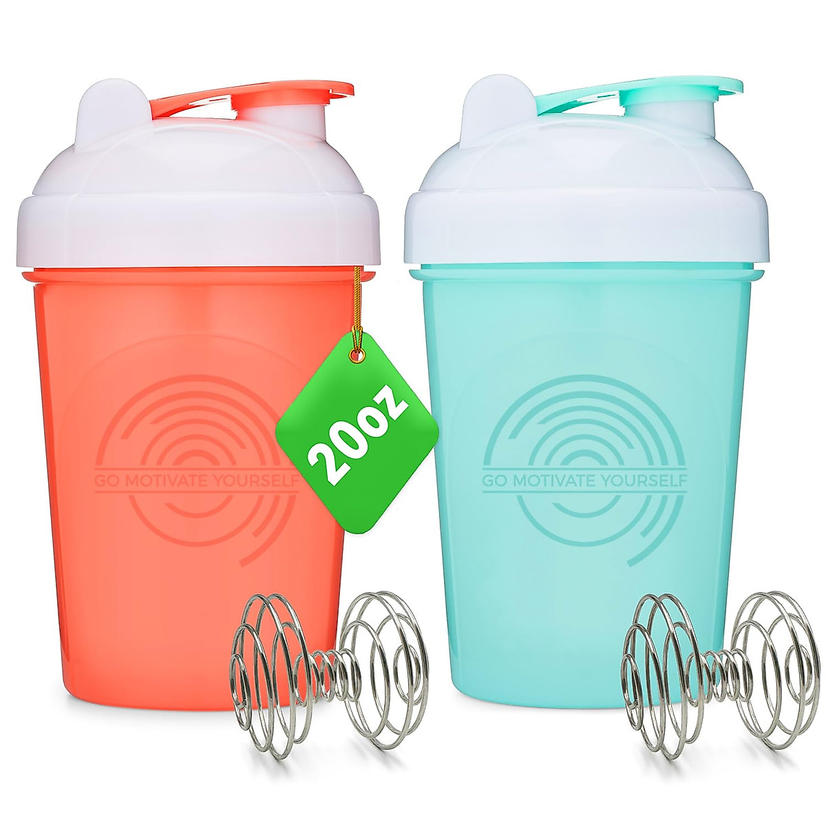 GOMOYO 2-Pack - 20-Ounce Shaker Bottle (Coral, Mint), Blender Protein Shaker Whisk, Bulk Protein Drink and Pre-Workout Shaker Cups, Dishwasher Safe & BPA Free