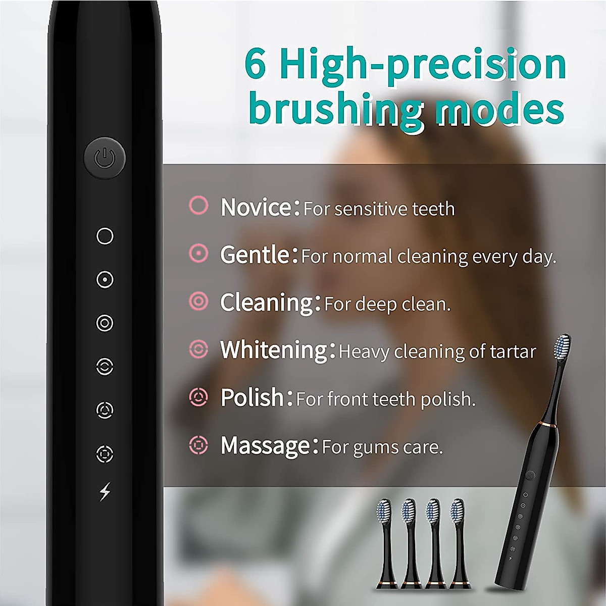 Sonic Electric Toothbrushes USB Rechargeable Ultrasonic Tooth Brush with 4 Brush Heads 6 Cleaning Modes and Smart Timer IPX7 Waterproof Cleaning Toothbrushes for Adults and Kids (Black)