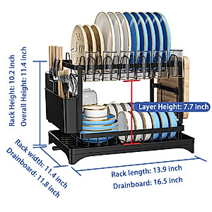 Stoigeld 2-Tier Dish Drying Rack with Utensil Holder,Stainless Steel Dish Rack with Drainboard for Kitchen Counter,Kitchen Organizers and Storage Rack (Black)