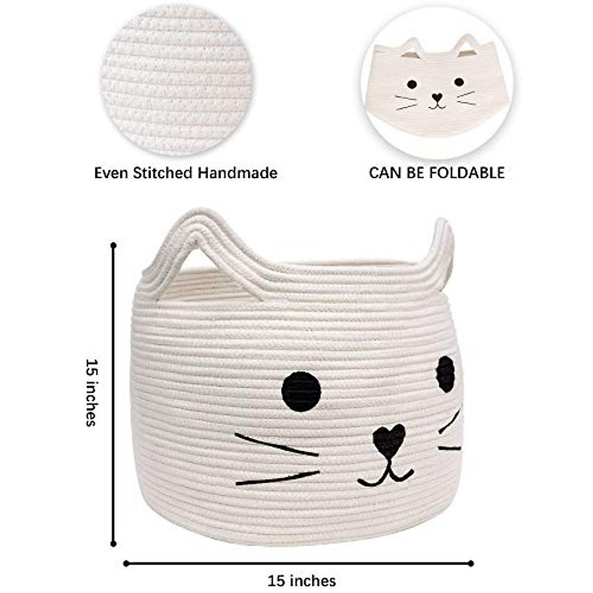 VK VK·LIVING Animal Hamper Large Woven Animal Cotton Rope Storage Basket Laundry Basket Organizer With Cat Design for Towels Blanket Toys Clothes Pet Hamper for Cat 15 L x 15 H