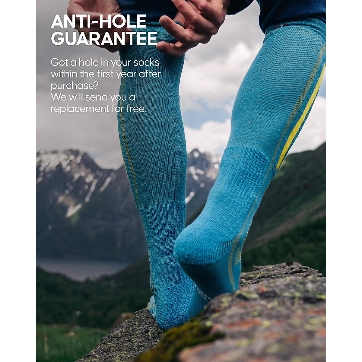 DANISH ENURANCE Merino Wool Performance Ski Socks for Men, Women & Kids, Blue/Yellow, US Women 8-10 // US Men 6.5-8.5