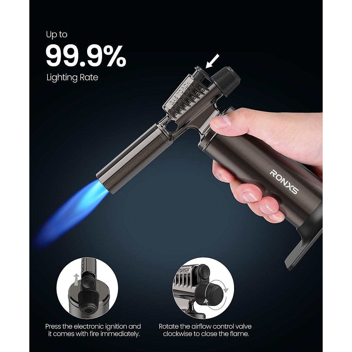 RONXS Butane Torch, Torch Lighter with 25g Large Gas Capacity, Refillable Blow Torch with Max 6'' Big Continuous Adjustable Flame, Industrial Soldering Torch for Cooking DIY Crafts (Gas Not Included)