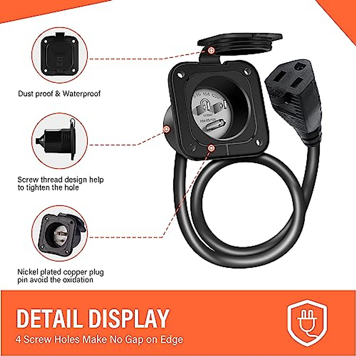 WELLUCK 15 Amp 125V AC Power Inlet Port Plug with Integrated 18" Extension Cord, NEMA 5-15 RV Flanged Inlet with Waterproof & Back Cover, 2 Pole 3-Wire Shore Power Plug for Boat