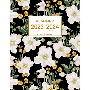Planner 2023-2024: 8.5 x 11 Weekly and Monthly Organizer from May 2022 to April 2023 | Anemone Flower and Herb Design Black