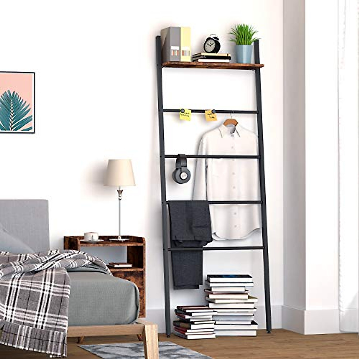 HOOBRO Towel Rack, 5-Tier Blanket Ladder, Wall Leaning Ladder Shelf, Blanket Rack with Shelf, 25.2" Wide Decorative Ladder for Bathroom, Rustic Brown BF73CJ01G1