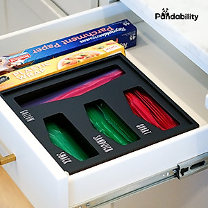 Pandability Premium Storage Bag Organizer for Drawer – Kitchen Organization – Food Storage Container - Compatible with Ziplock Style Bags, Quart Bags & Gallon Bags – Bamboo w/Farmhouse Font - Black