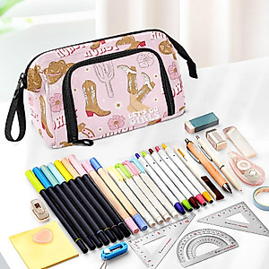 Large Pencil Case,Retro Cowgirl Boots Cactus Pink Student Pencil Bag Big Capacity Pencil Pouch Stationery Makeup Bag Organizer Pen Bag for Teen Boys Girls School College Office