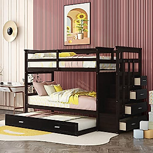 Solid Wood Twin Over Twin Bunk Bed, Trundle Bunk Beds with 4 Storage Drawers, Staircase and Safety Guard Rail, No Box Spring Needed (Espresso)