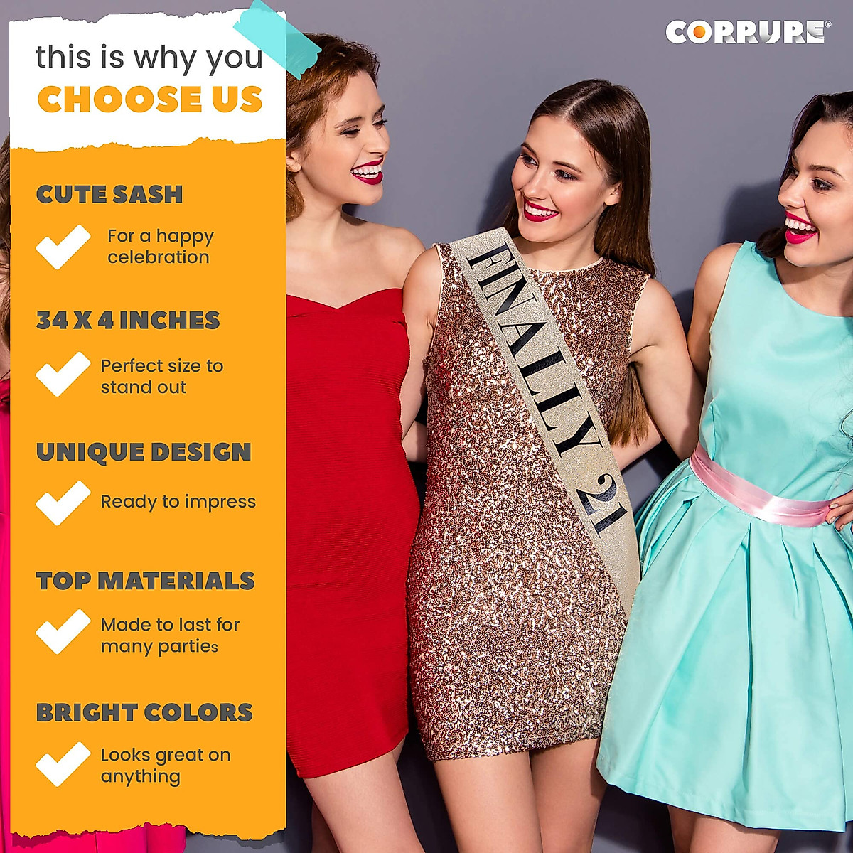 CORRURE 'Finally 21' Birthday Sash With Glitter - Gold Sash with Black Foil 21st Birthday Sash for Men and Women - Ideal Twenty One Sash Party Favors Supplies and Decorations for Your 21 Bday Party