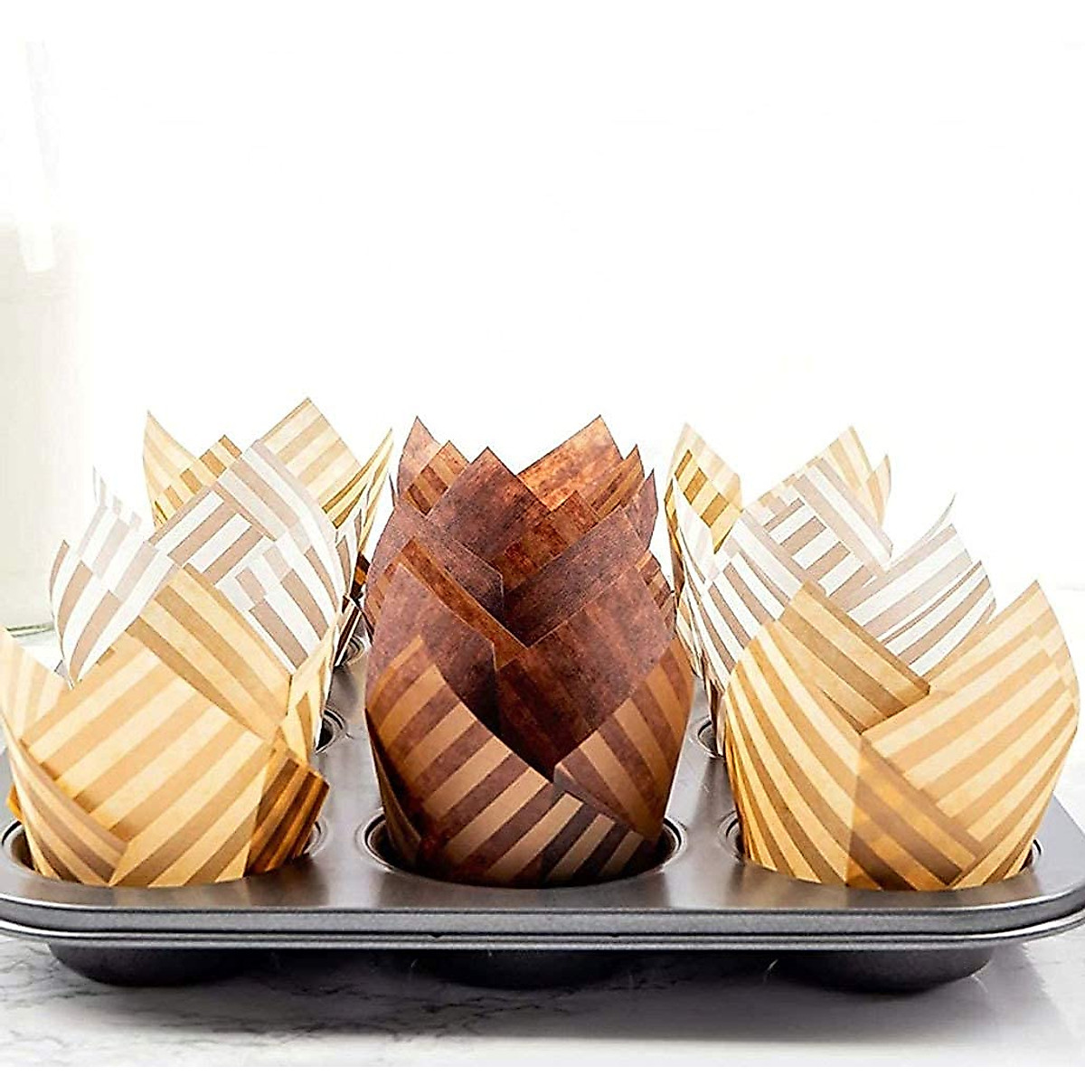 Baking Paper Cups Cupcake Liners Tulip Baking Paper Cups 100 Pcs Natural Stripes Tulip Style Baking Wrappers Muffin Cups-Muffin Wrappers Grease-Proof for Wedding Birthday Party