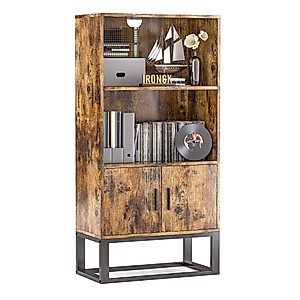 IRONCK Industrial Bookcase with Doors, Small Wood Bookcases and Bookshelves 3 Tier, Free Standing Display Storage Shelves Cabinet for Books, Photos, Decorations, Vintage Brown