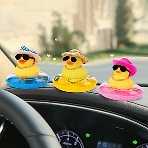 wonuu Rubber Duck Car Ornaments 3Pcs Yellow Duck Car Dashboard Decorations with Mini Hat Swim Ring Necklace Sunglasses, Straw&Blue Straw&Cowboy Hat