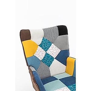 Lepfun Patchwork Solid Wood Armrest and Feet, Mid-Century Modern Accent, Fabric Sofa Chair for Living Room Bedroom Studio, Comfy Side Armchair for Bed,Antique Blue