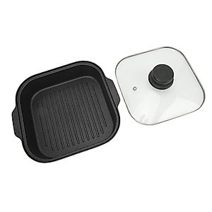 Shipenophy Grill Pan, Cast Aluminum Open Fire Heating Anti Scalding Handle Practical Uniform Heating Non Stick Multifunctional Grill Pan with Lid for Outdoor