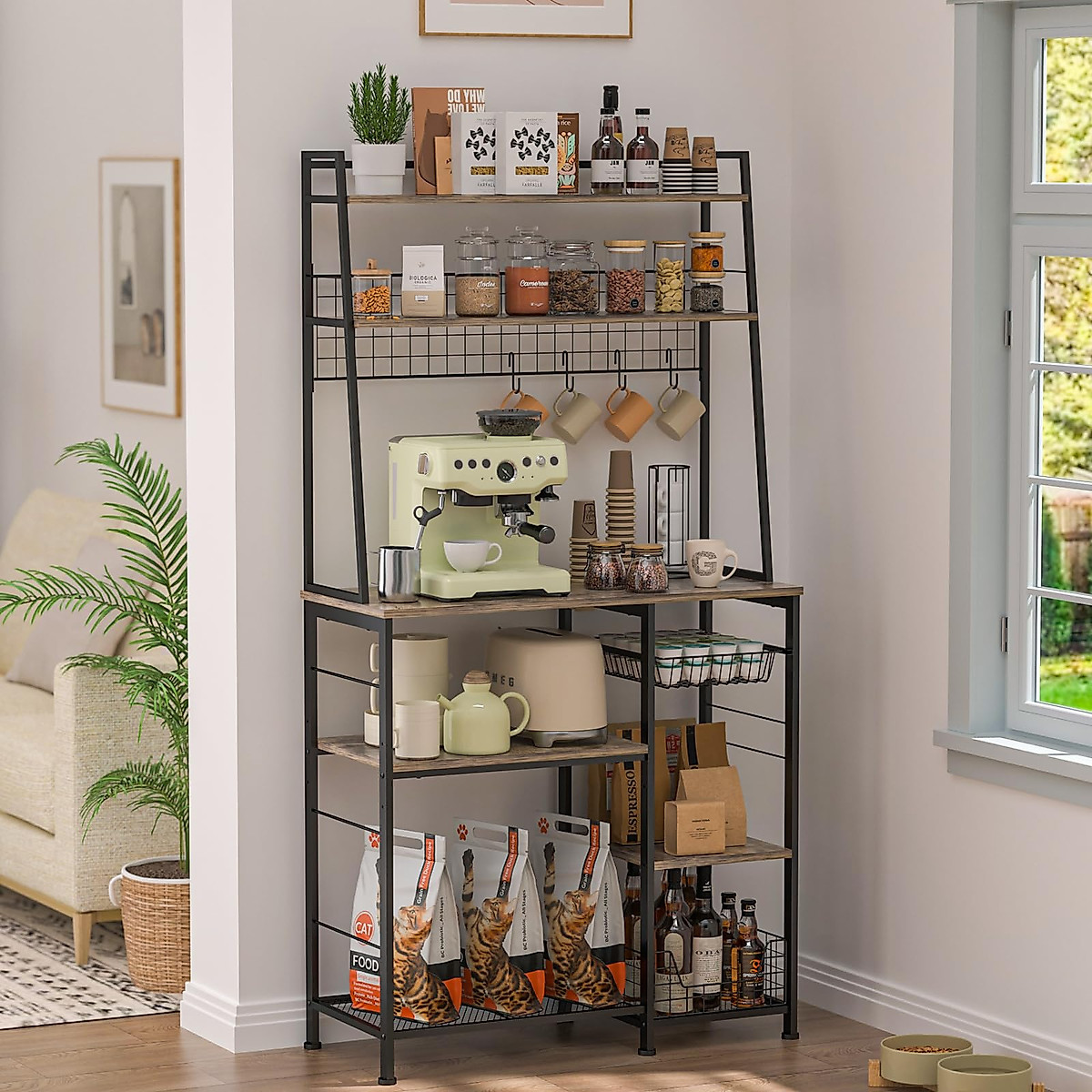 X-cosrack 5-Tier Coffee Bar Rack, Industrial Bakers Rack with Storage Shelves Hooks, Microwave Rack Organizer with Wire Basket Drawer for Kitchen, Coffee Station Pantry, (Rustic Brown)