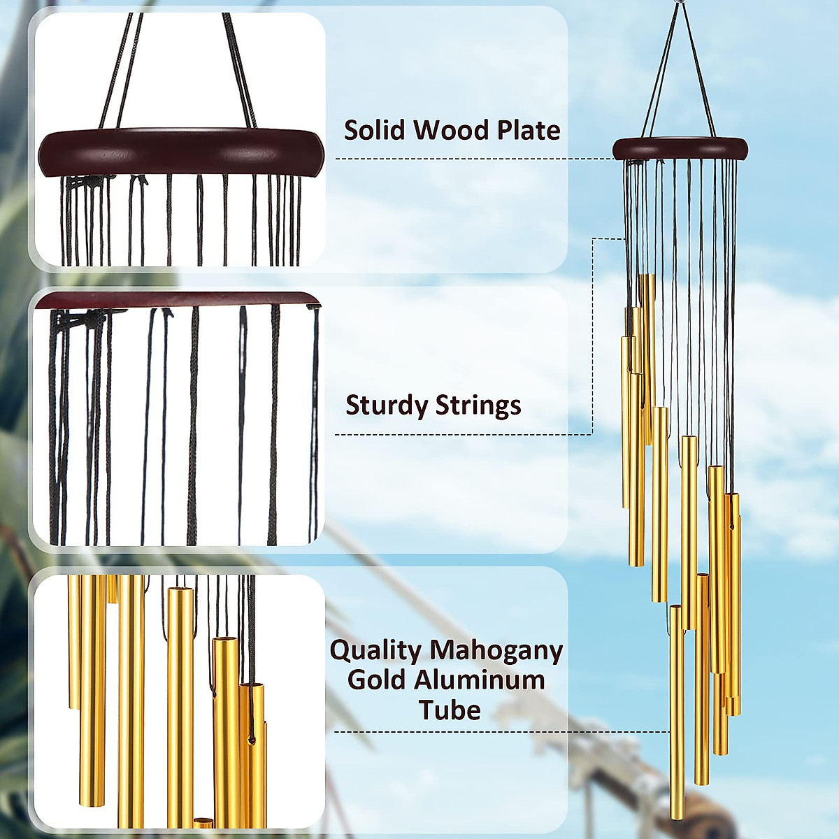 6 Pieces Wind Chimes 28 Inch Deep Tone Wind Chimes with 6 Aluminum Tubes Memorial Wind Chimes Outdoors Soothing Melody Wind Chimes Rustic Wind Chimes for Farmhouse Garden Patio Home Decor (Gold)