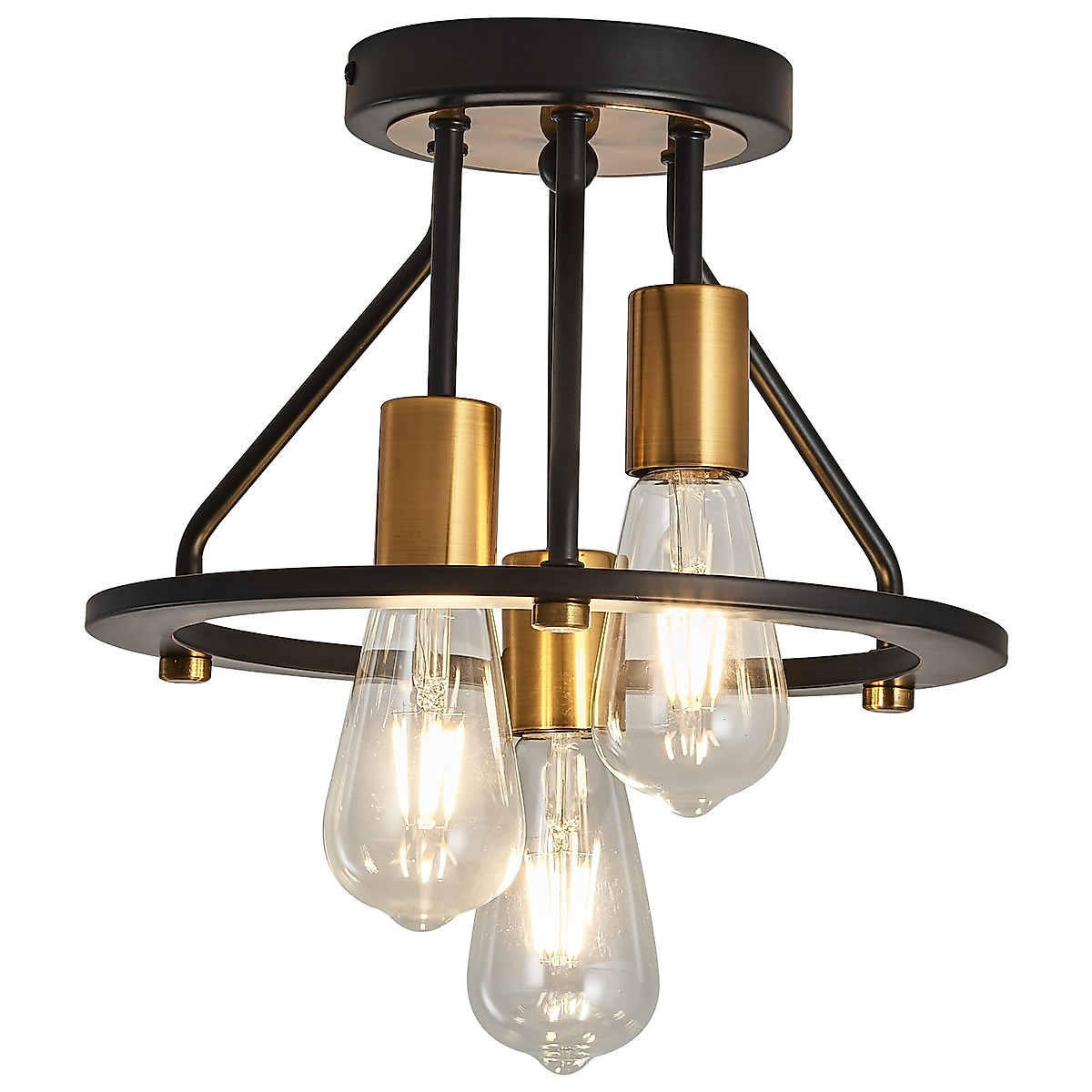 Qgiytp Industrial Semi Flush Mount Ceiling Light Fixture 3-Light Matte Black and Gold Chandelier E26 Farmhouse Ceiling Lamp for Entryway Hallway Bedroom Passway Balcony