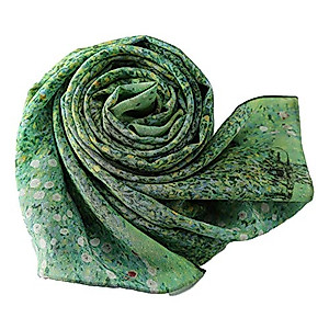 Long Crepe Silk Scarf Classic Art Print (Green Floral)
