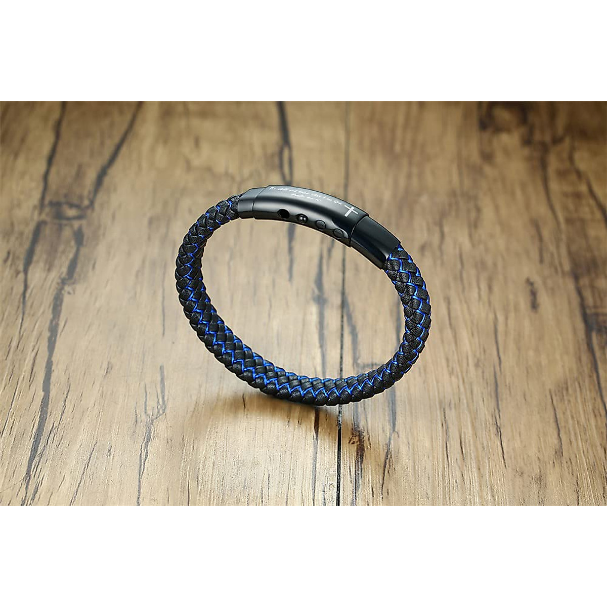 MEALGUET Be still and know that I am God. Psalm 46:10 Bible Verse Religious Bracelets Christian Cross Scripture Engraved 2-tone Black Blue Braided Leather Bracelet for Men