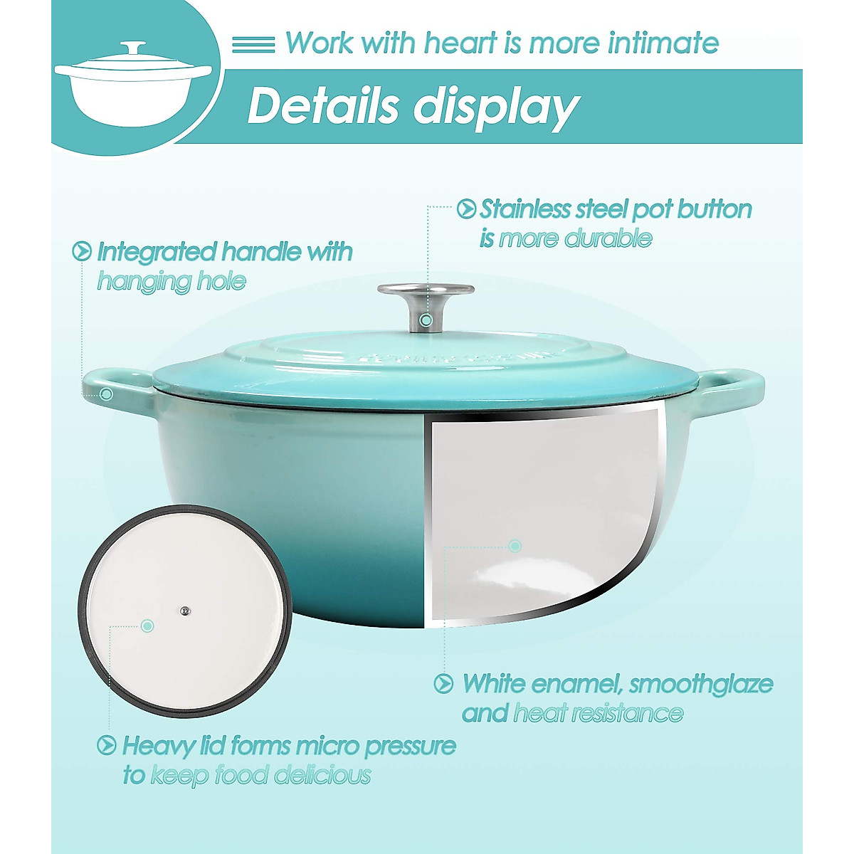 EDGING CASTING Enameled Cast Iron Dutch Oven with Lid, Bread Oven Dual Handle, Cookware Pot, Suitable For Bread Baking, 3.5 Quart, Peacock Blue