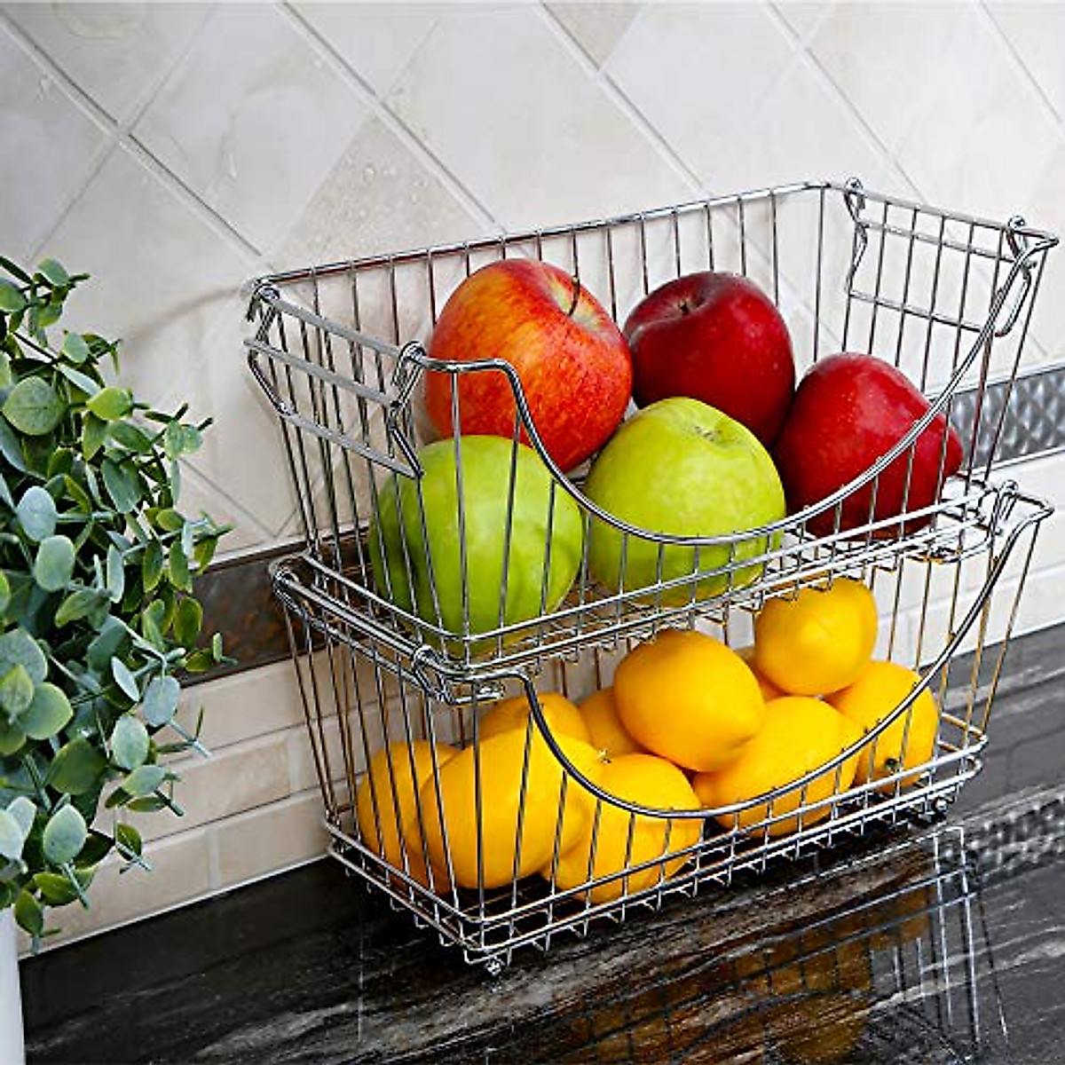 Smart Design Stacking Baskets Organizer w/ Handle - Medium - Steel - for Food, Fruit, & Vegetable Safe - Kitchen (12.63 x 5.5 Inch) [Chrome] (2 Pack)